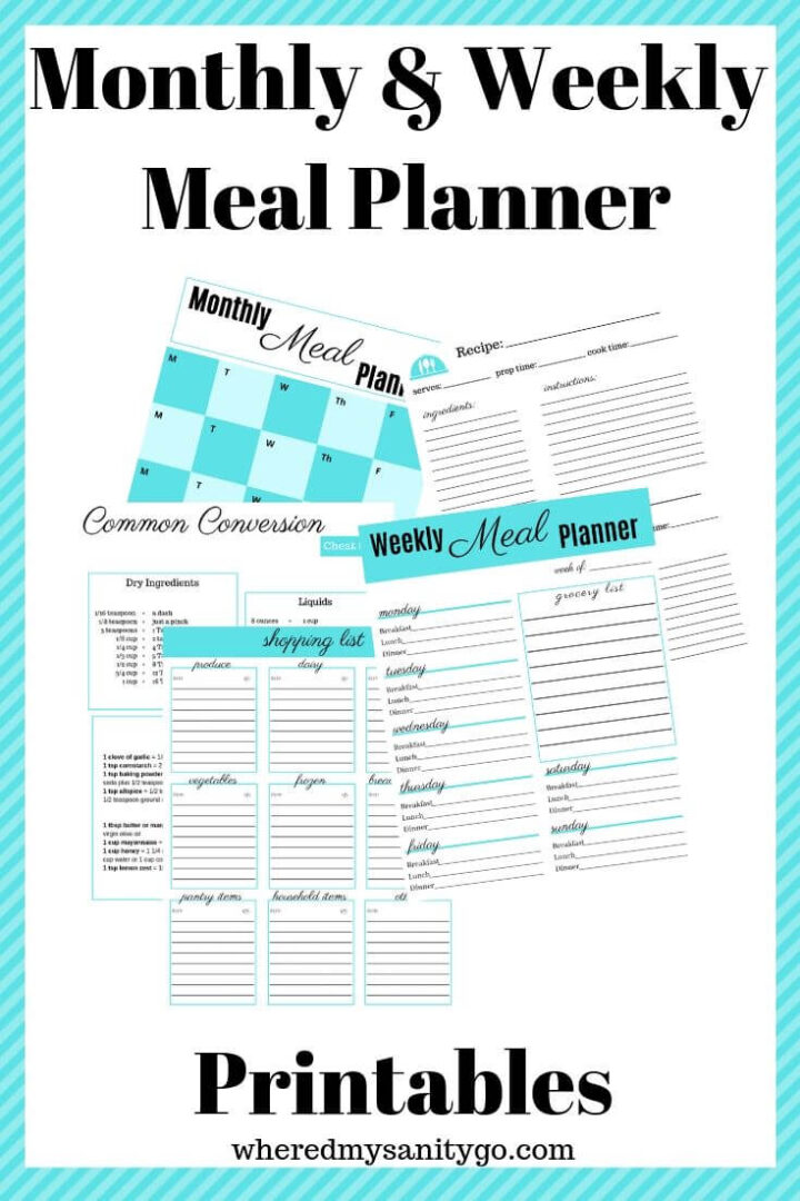 Printable Meal Planner and Shopping List Weekly and Monthly